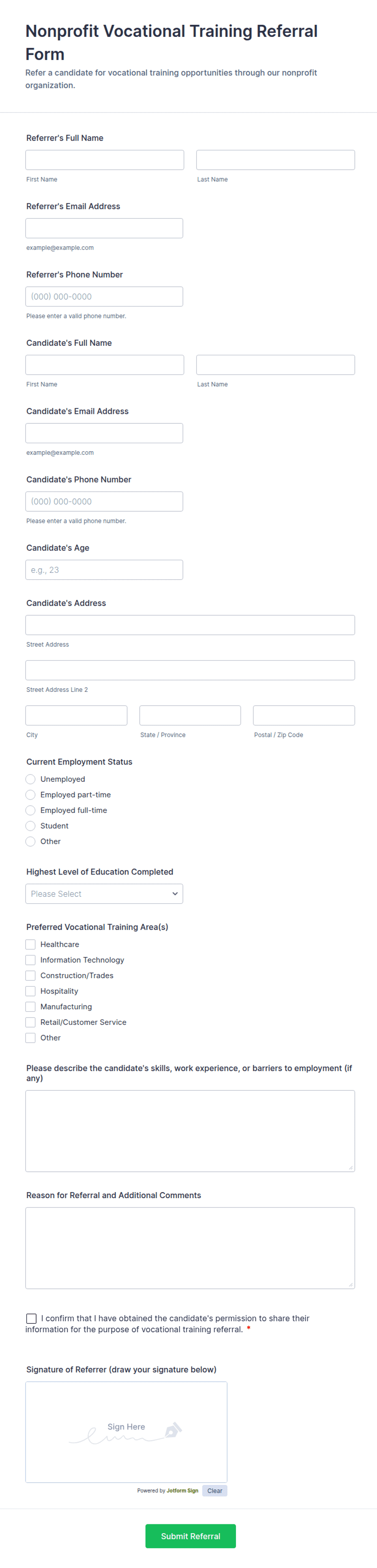 Nonprofit Vocational Training Referral Form Template | Jotform