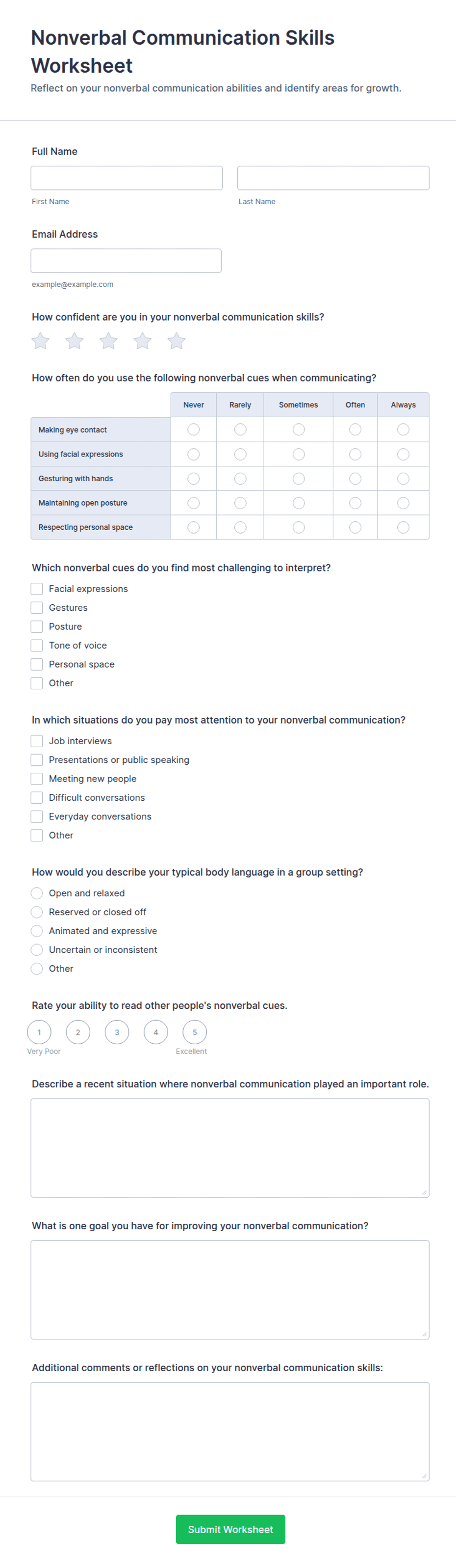 Nonverbal Communication Skills Worksheet Form Template | Jotform