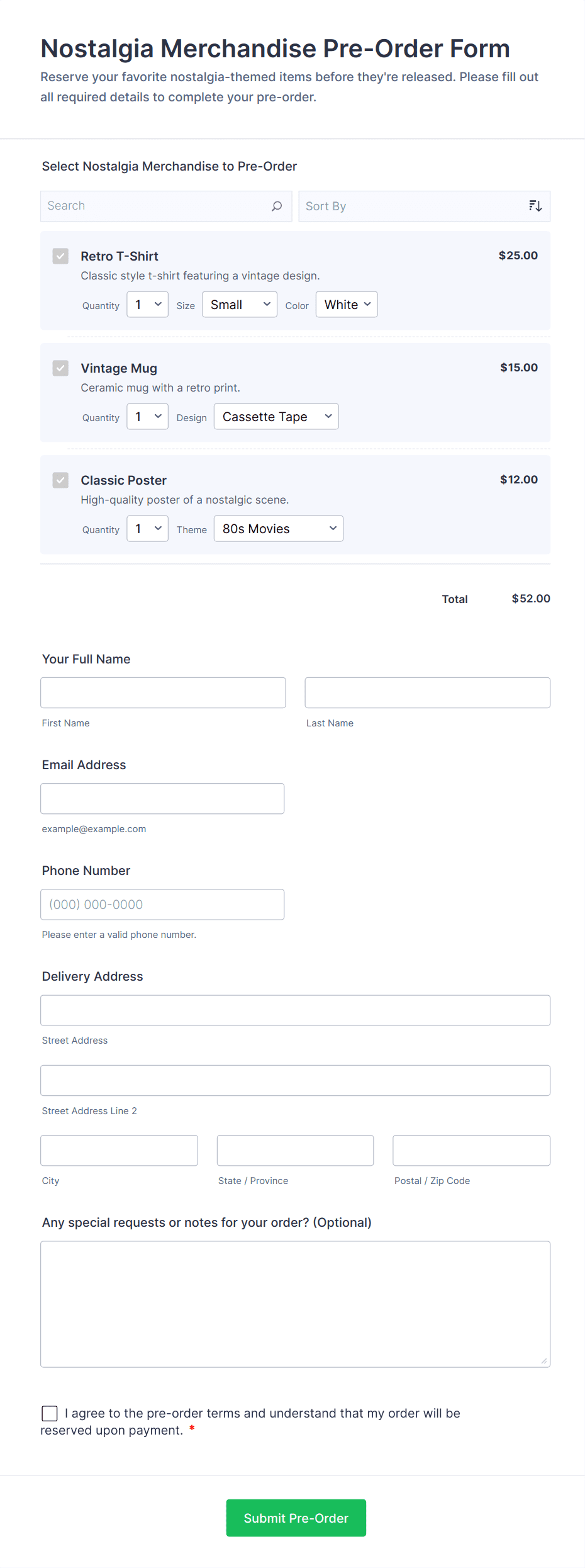 Nostalgia Merchandise Pre-Order Form Template | Jotform