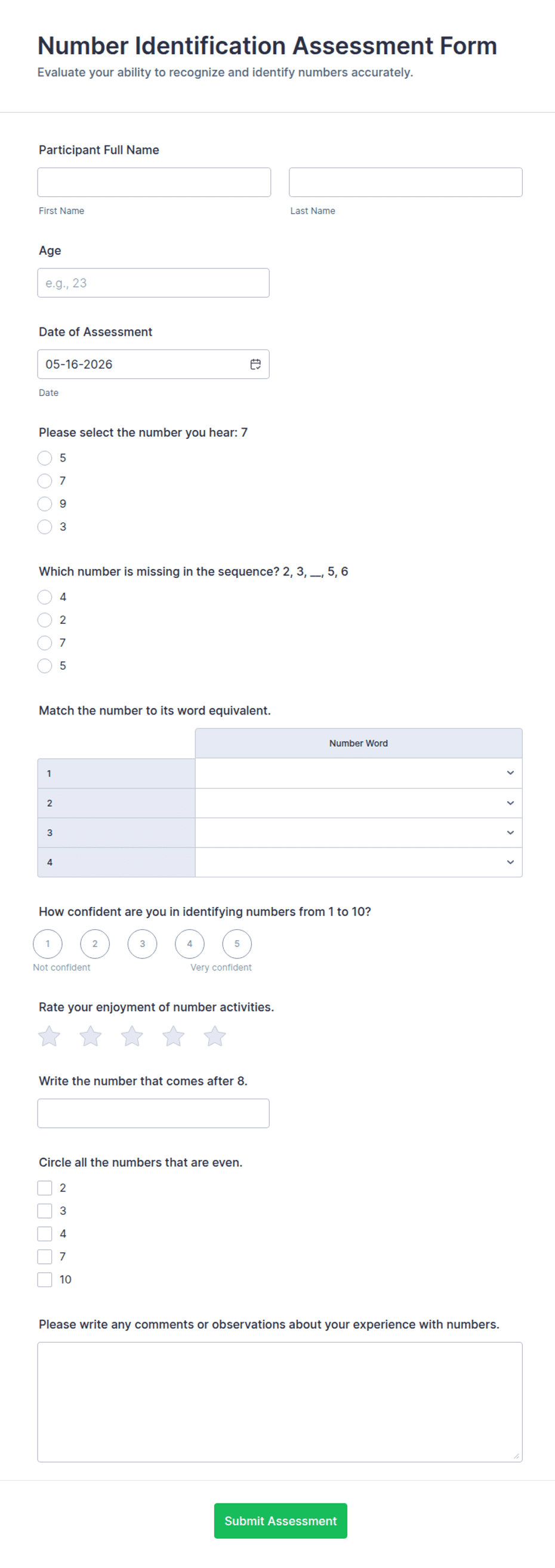 Number Identification Assessment Form Template | Jotform