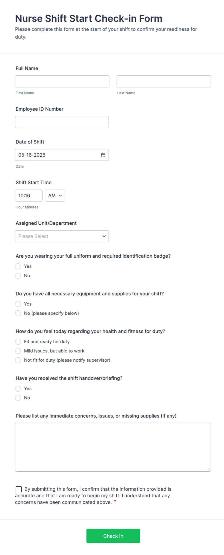 Nurse Shift Start Check-in Form Template | Jotform
