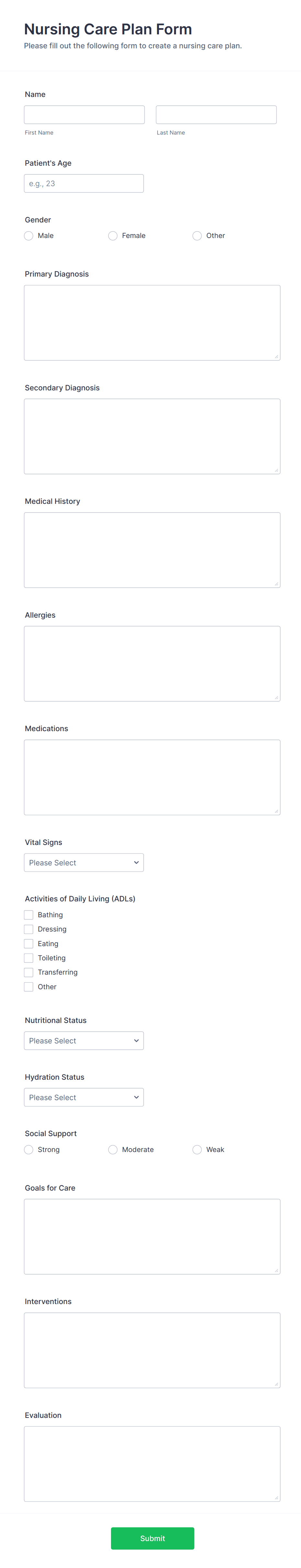 Nursing Care Plan Form Template | Jotform