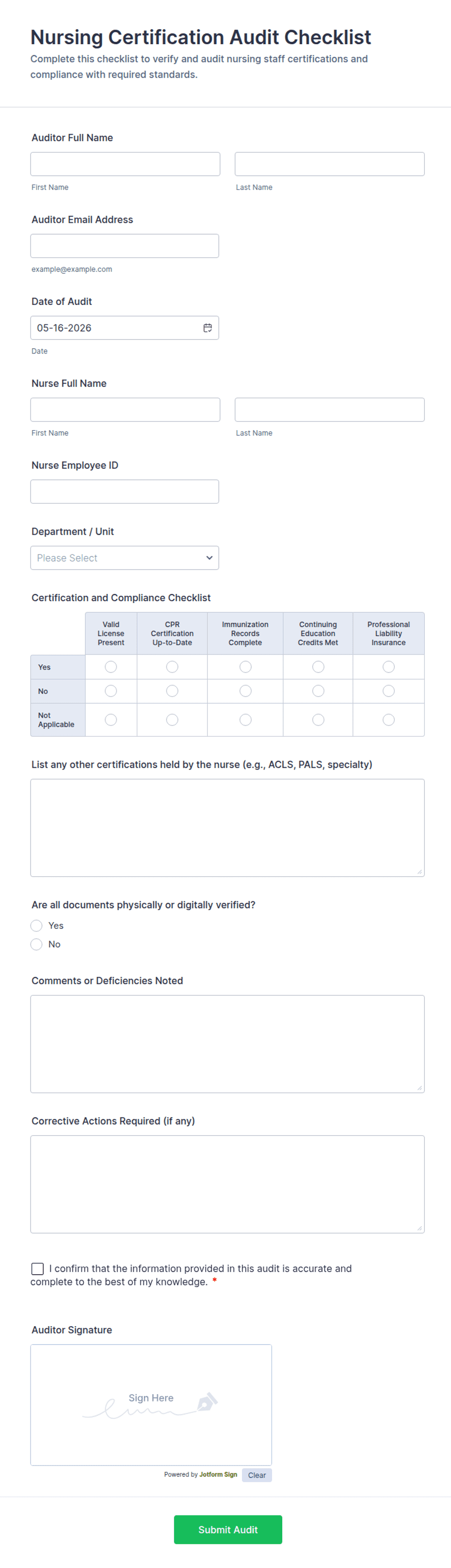 Nursing Certification Audit Checklist Form Template | Jotform