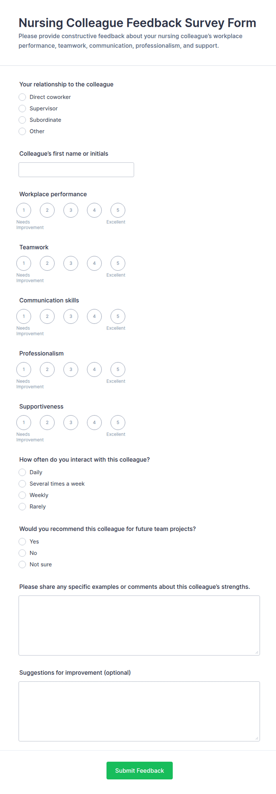 Nursing Colleague Feedback Survey Form Template | Jotform