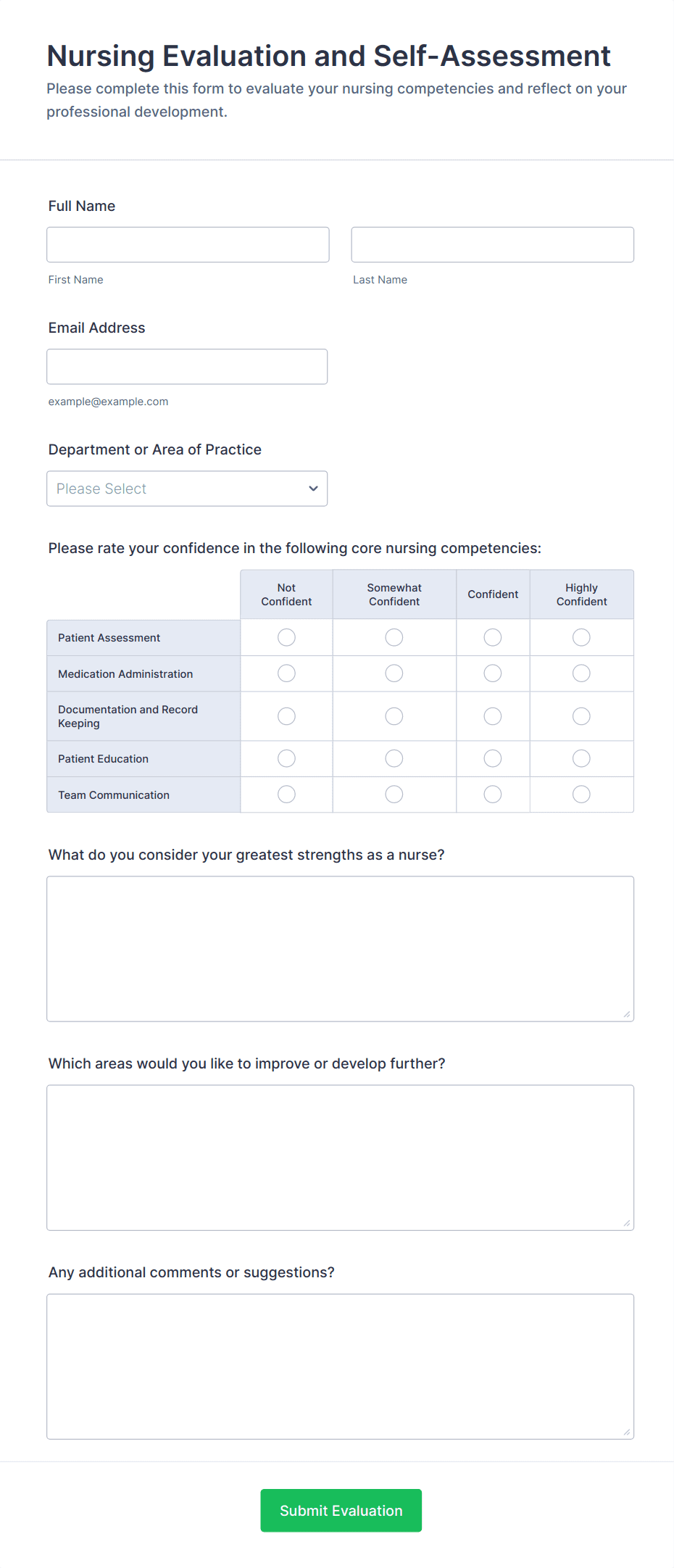 Nursing Evaluation and Self-Assessment Form Template | Jotform