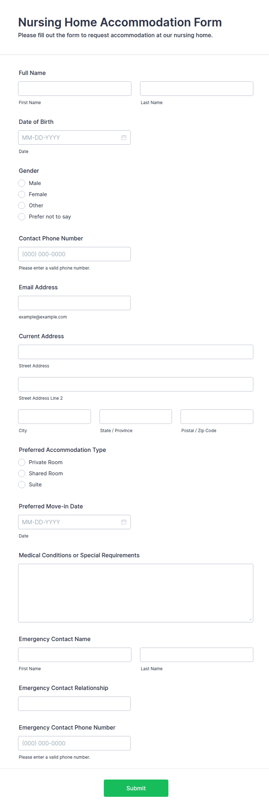 Nursing Home Accommodation Form Template | Jotform