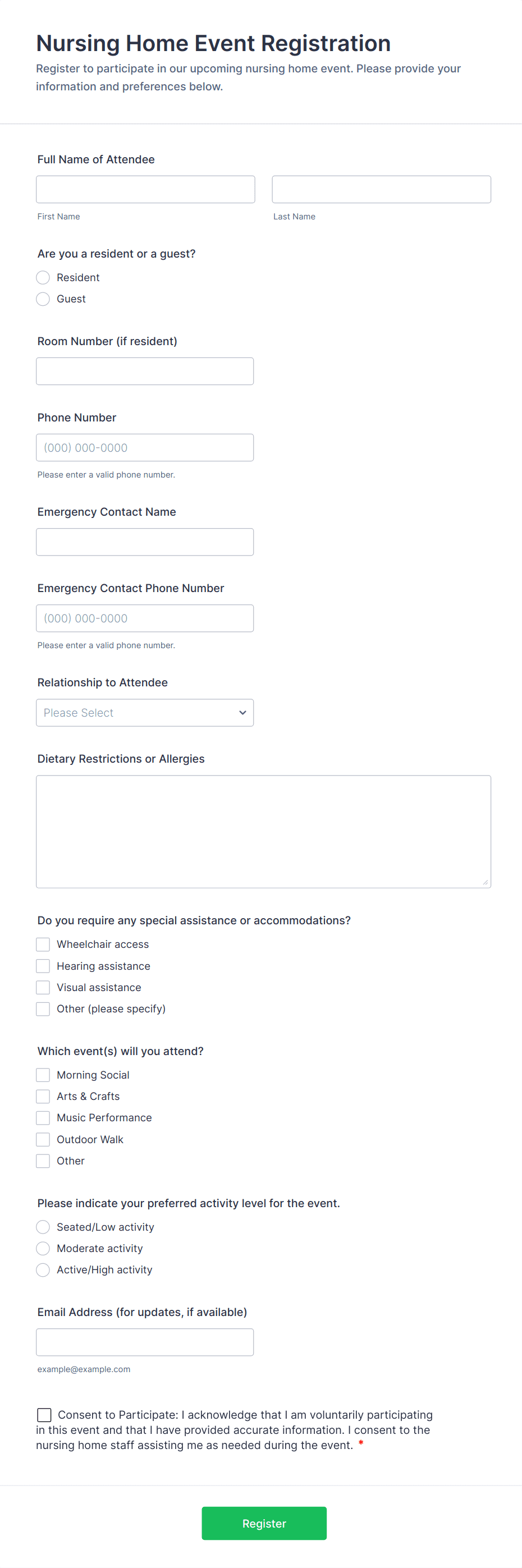 Nursing Home Event Registration Form Template | Jotform