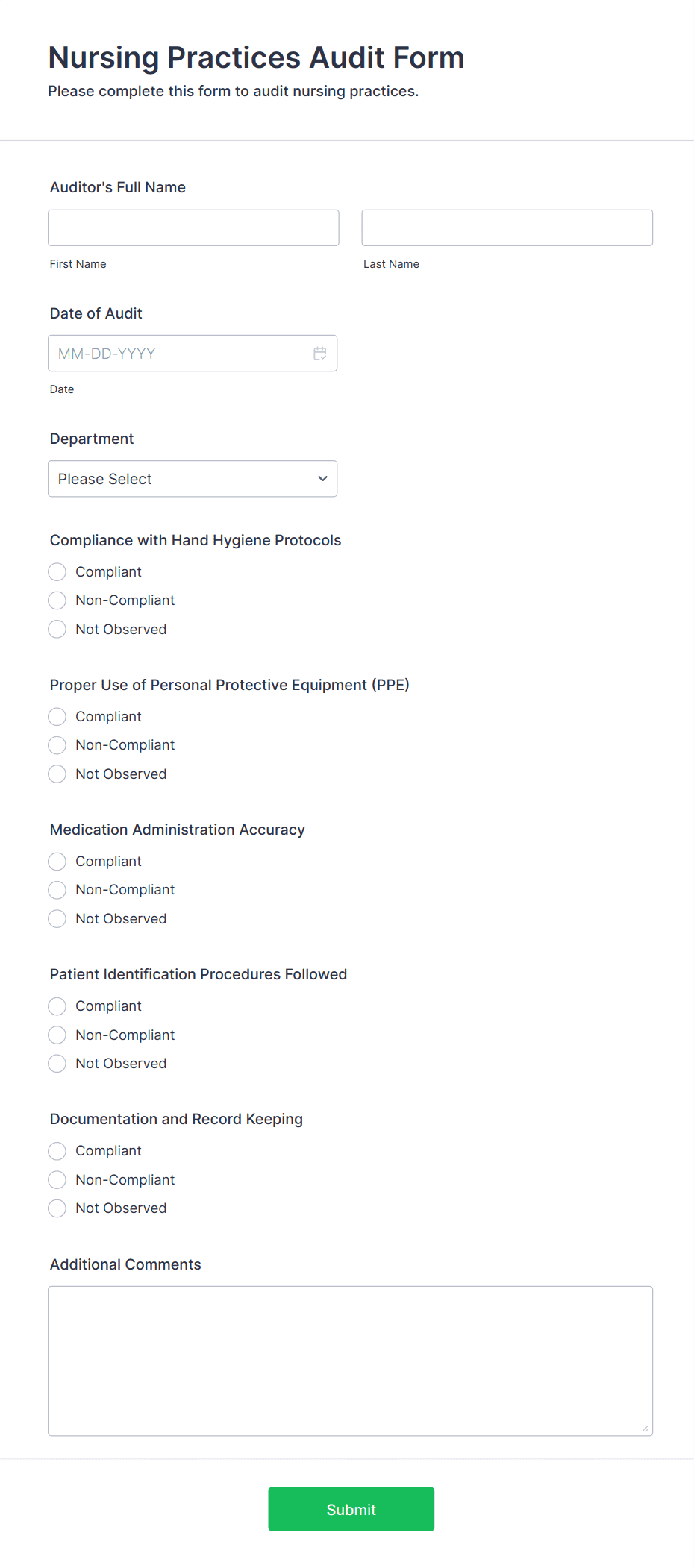 Nursing Practices Audit Form Template | Jotform