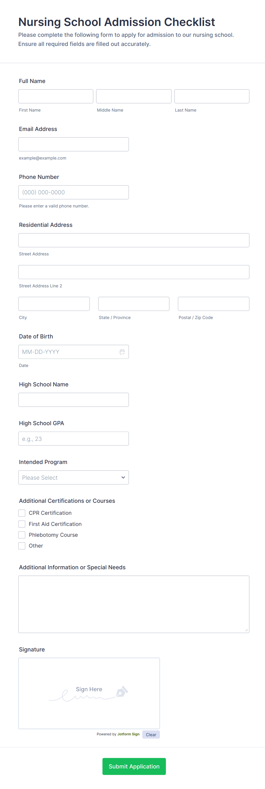 Nursing School Admission Checklist Form Template | Jotform