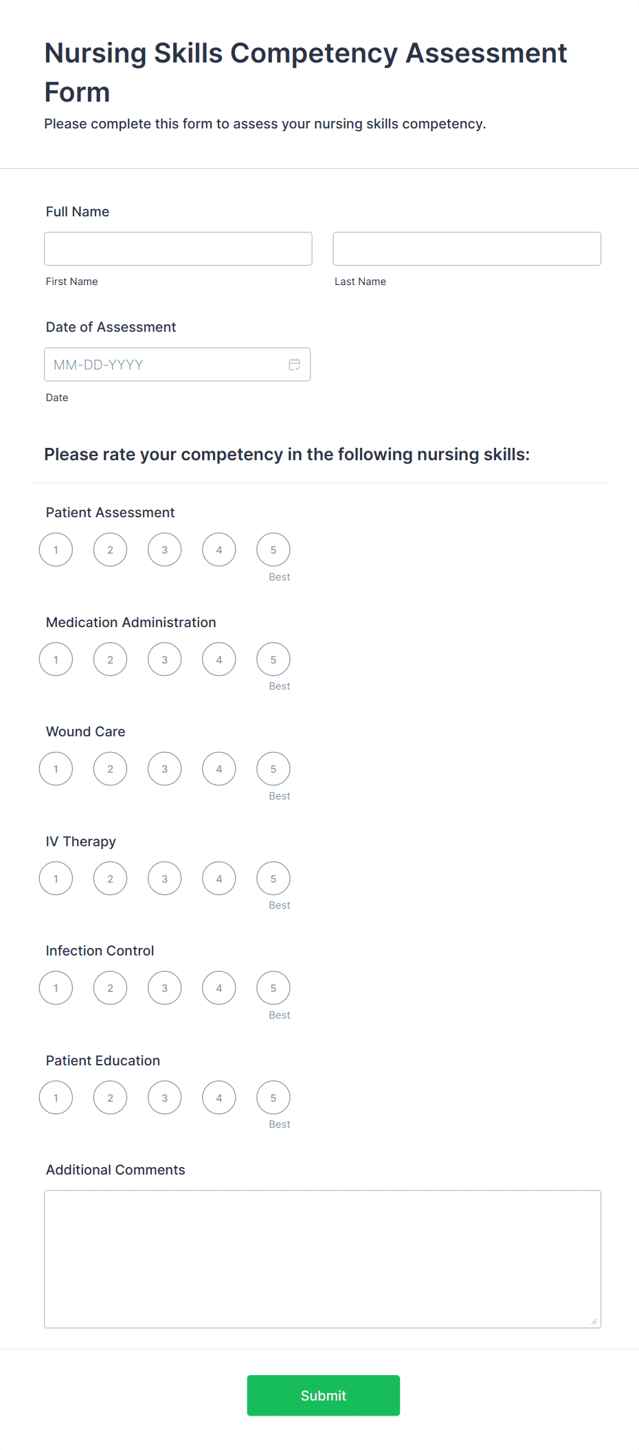Nursing Skills Competency Assessment Form Template | Jotform