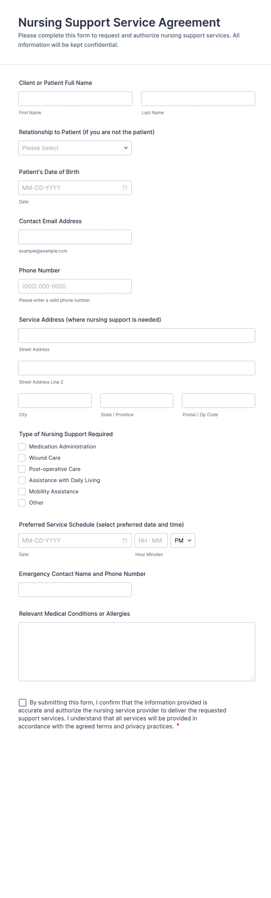 Nursing Support Service Agreement Form Template | Jotform