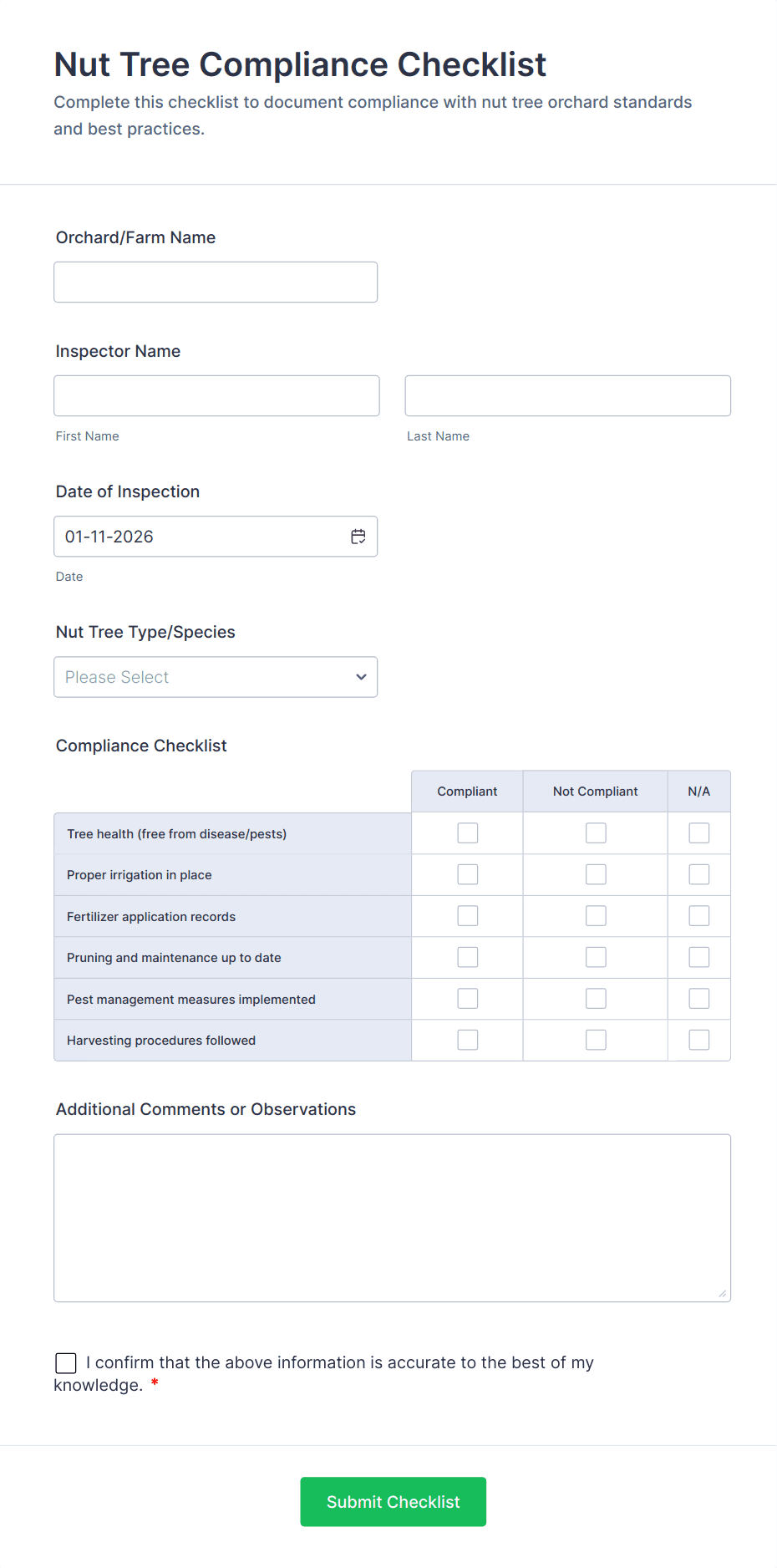 Nut Tree Compliance Checklist Form Template | Jotform