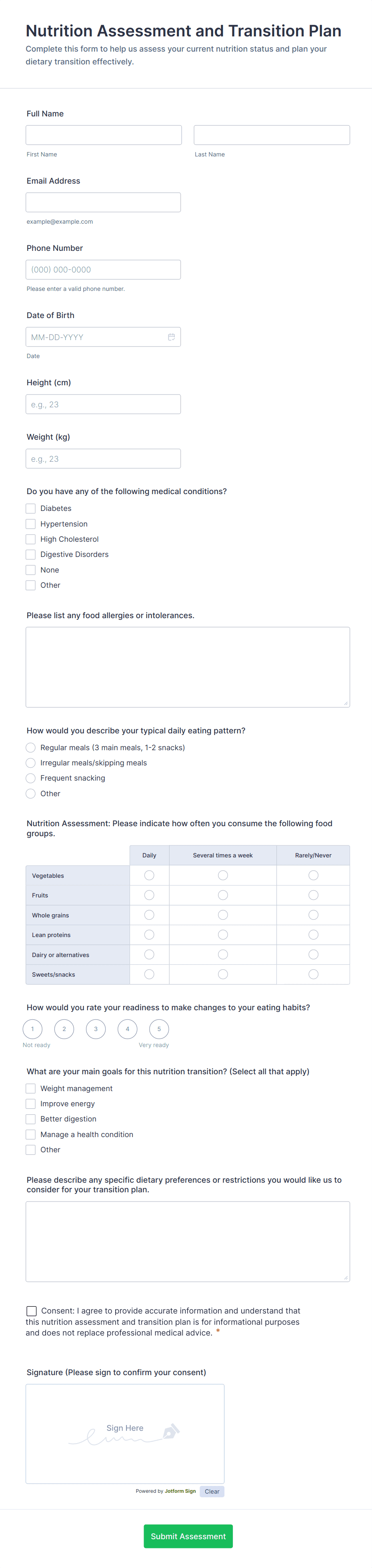 Nutrition Assessment and Transition Plan Form Template | Jotform