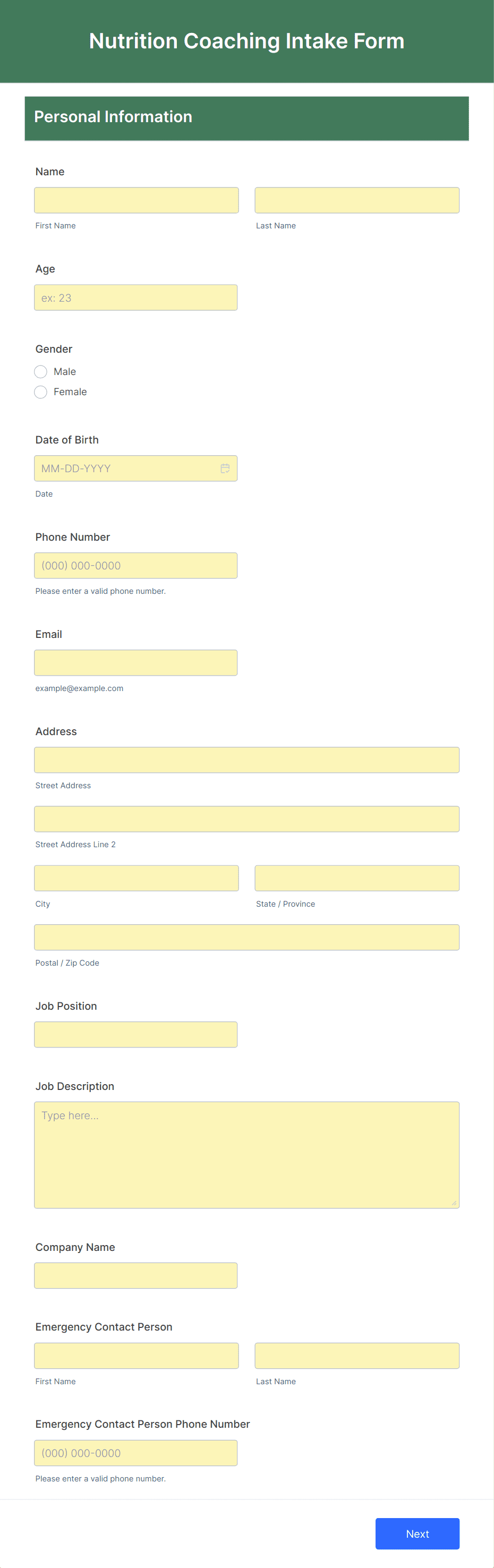 Nutrition Coaching Intake Form Template | Jotform