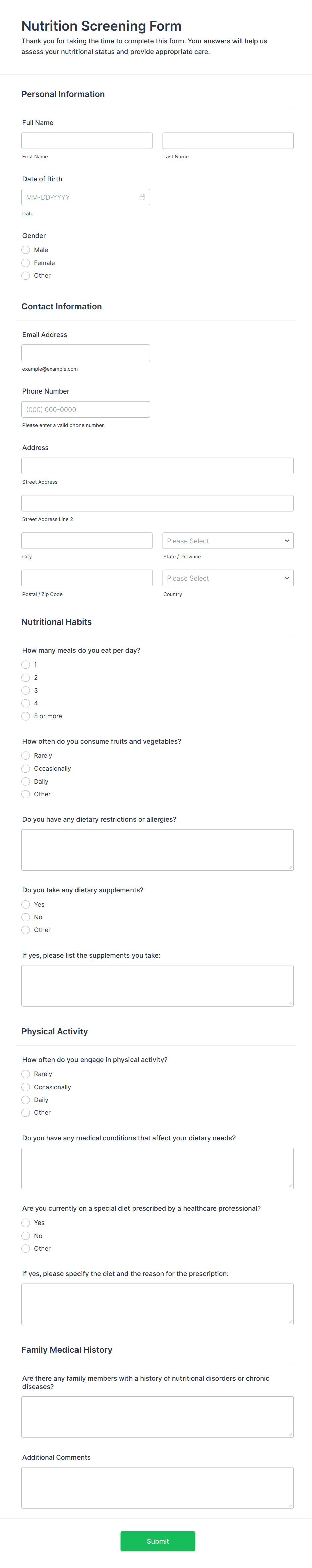 Nutrition Screening Form Template | Jotform