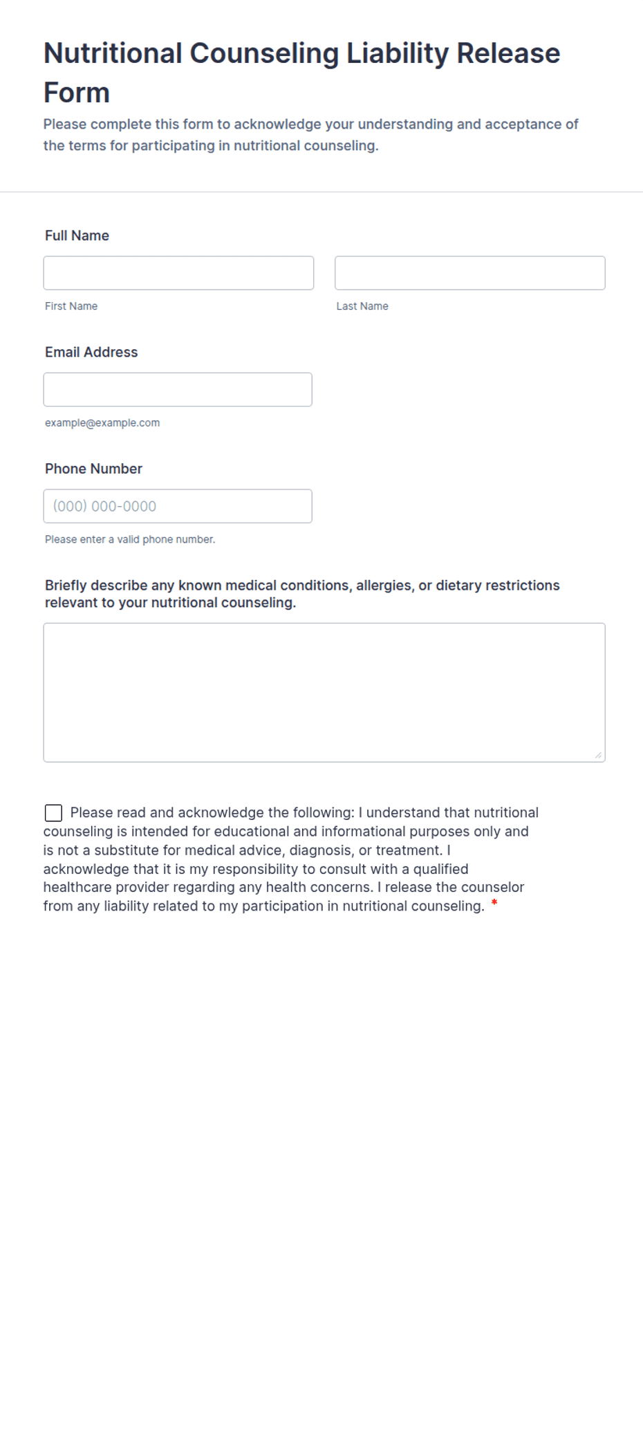 Nutritional Counseling Liability Release Form Template | Jotform