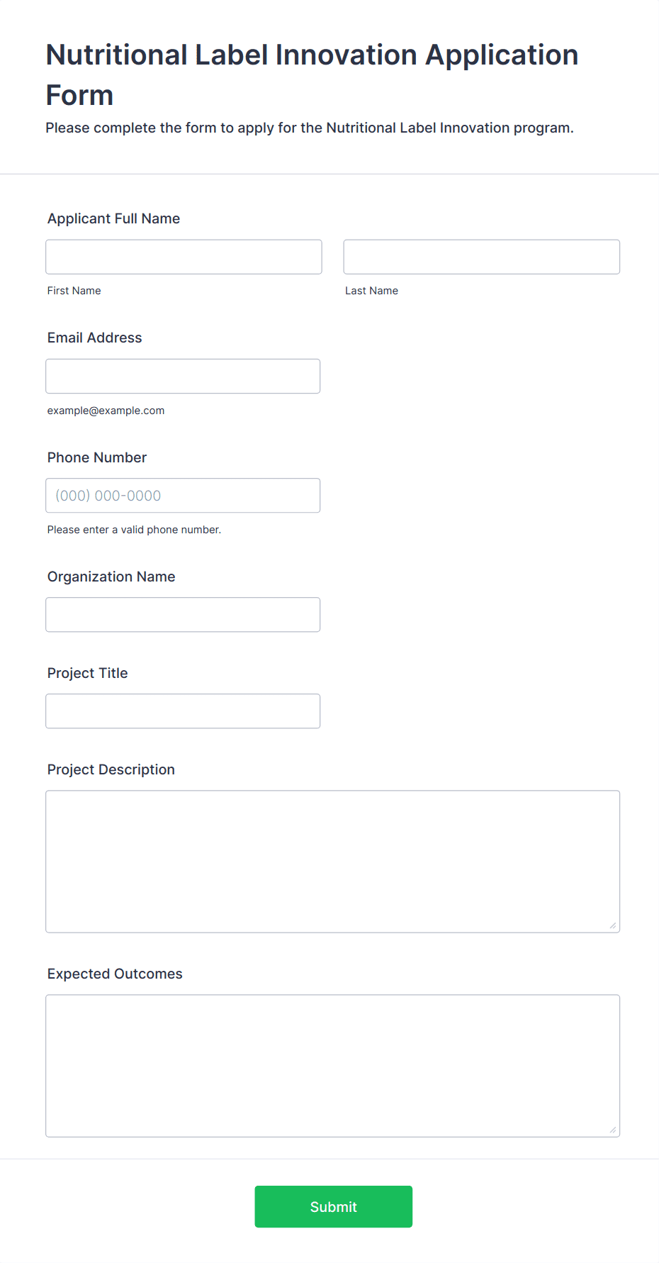 Nutritional Label Innovation Application Form Template | Jotform