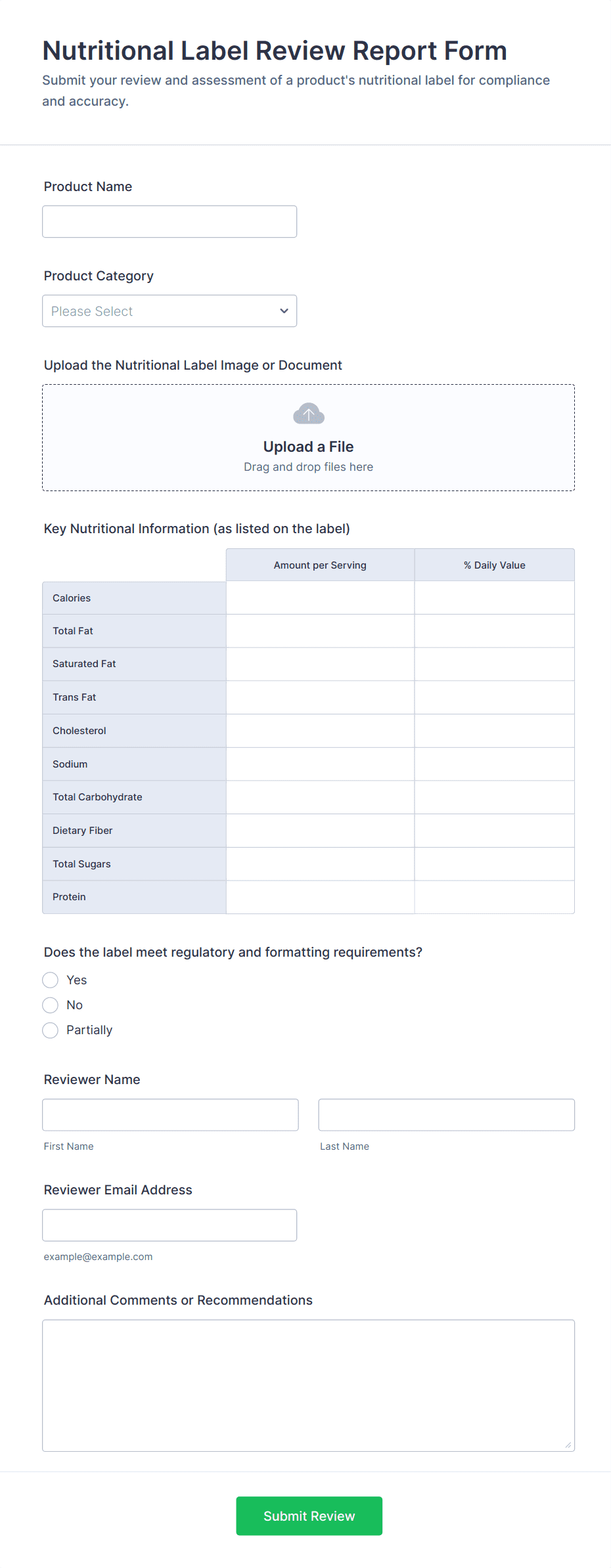 Nutritional Label Review Report Form Template | Jotform