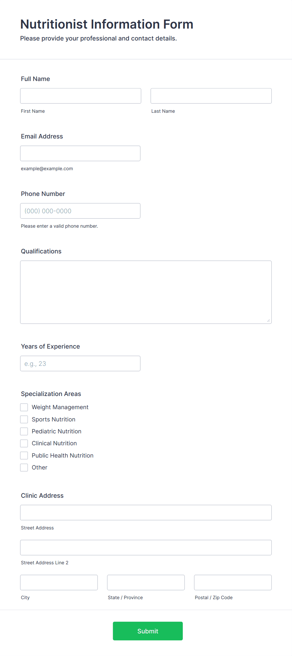 Nutritionist Information Form Template | Jotform