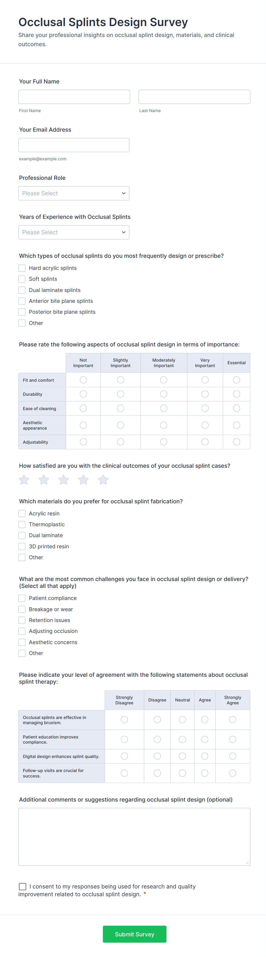 Occlusal Splints Design Survey Form Template | Jotform