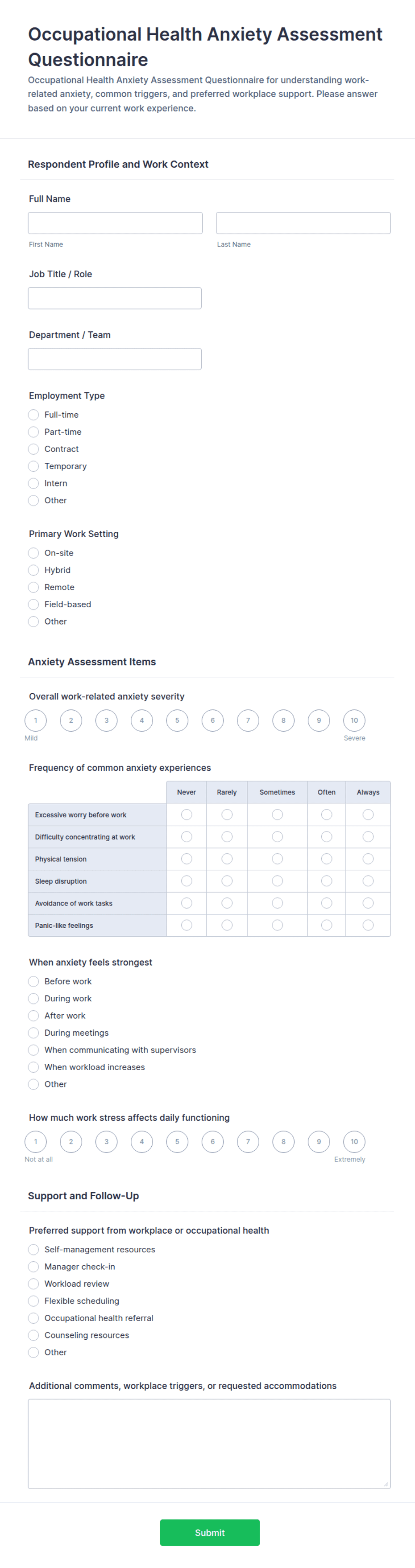 Occupational Health Anxiety Assessment Questionnaire Form Template ...