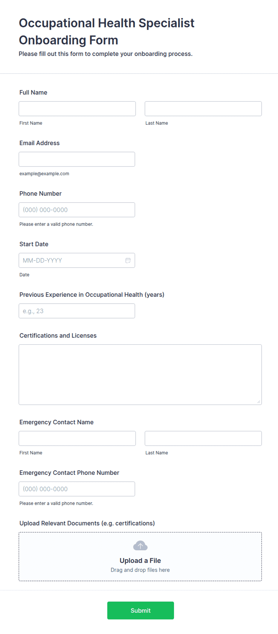 Occupational Health Specialist Onboarding Form Template | Jotform