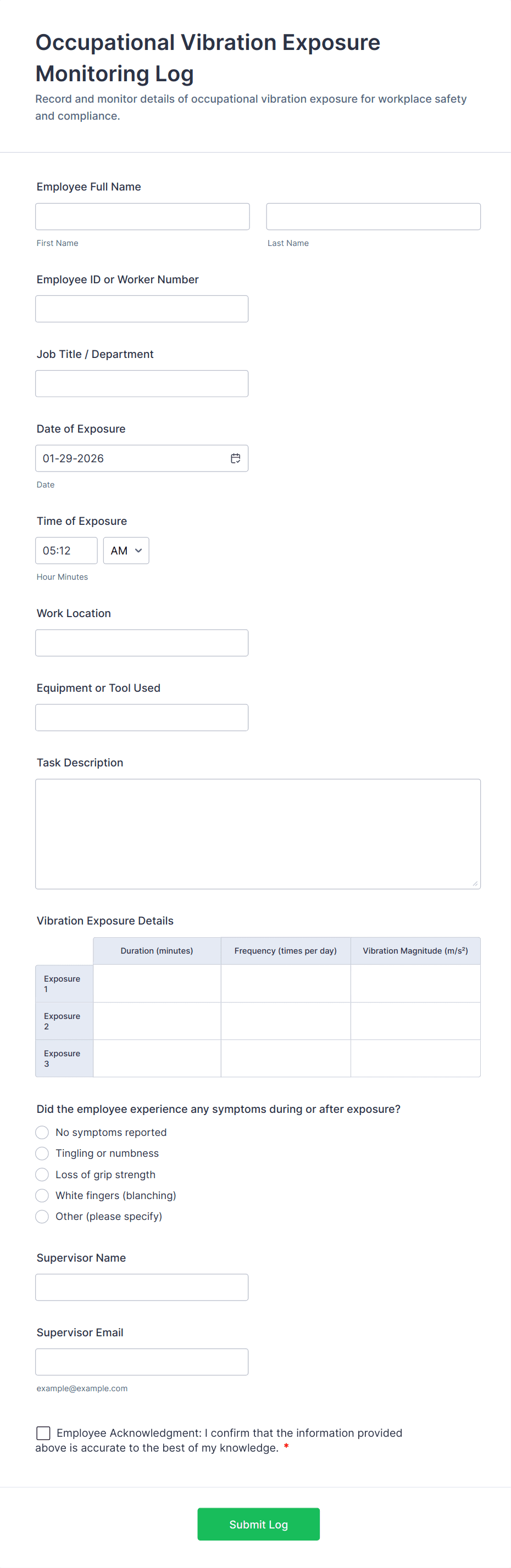 Occupational Vibration Exposure Monitoring Log Form Template | Jotform