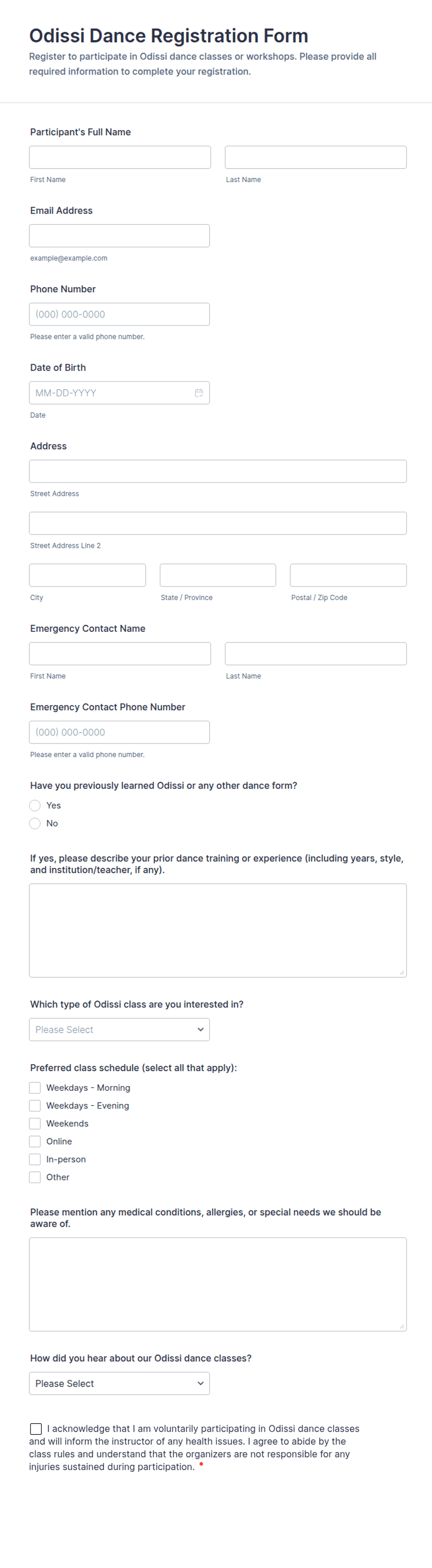 Odissi Dance Registration Form Template | Jotform