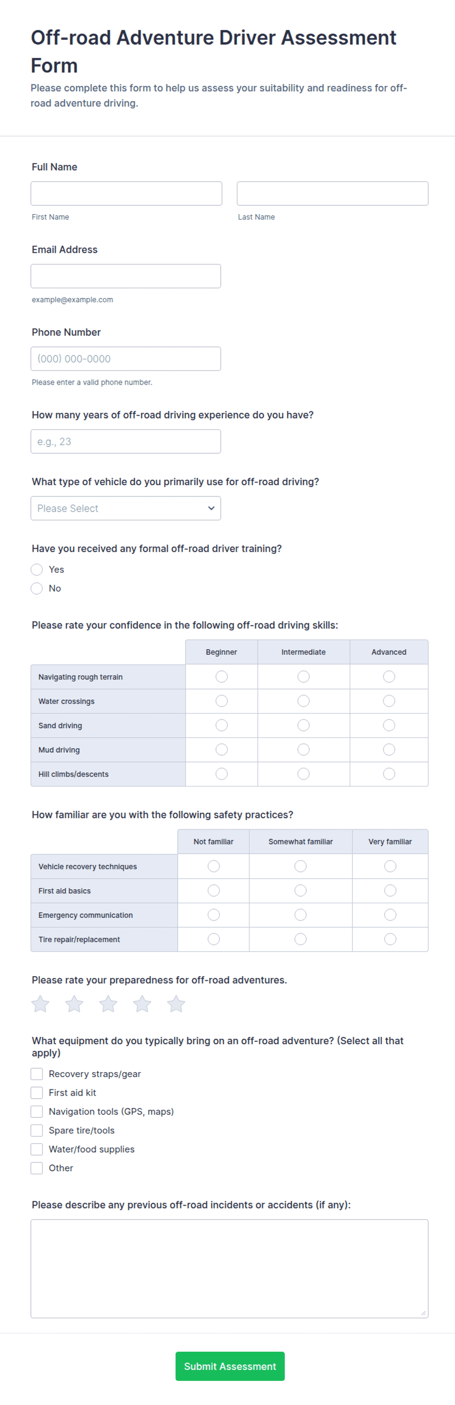 Off-road Adventure Driver Assessment Form Template | Jotform