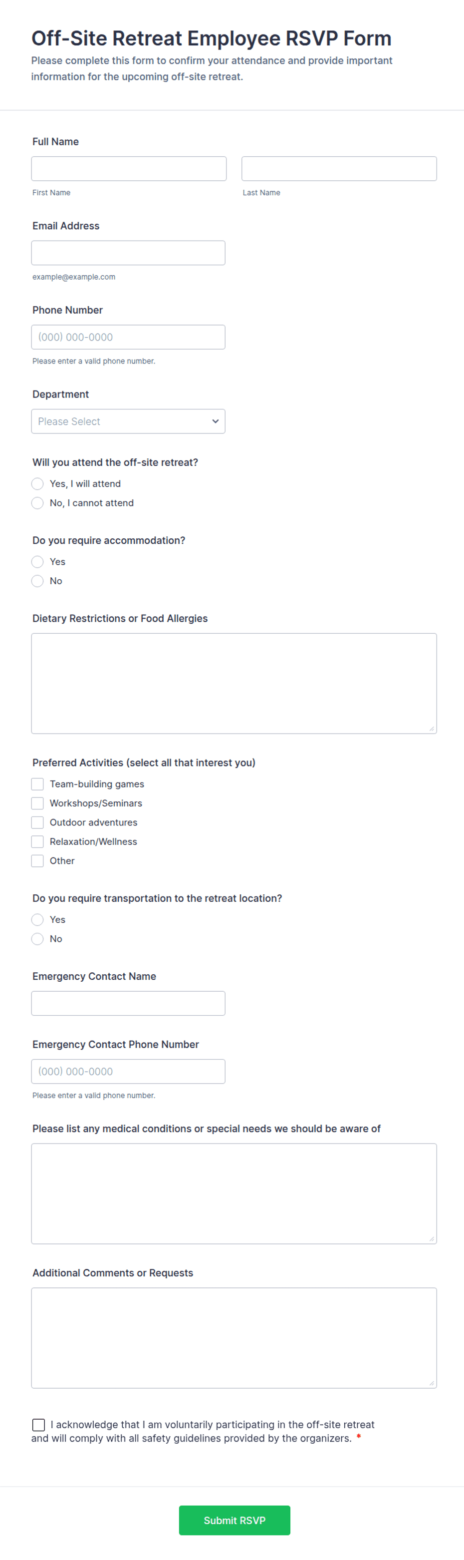 Off-Site Retreat Employee RSVP Form Template | Jotform
