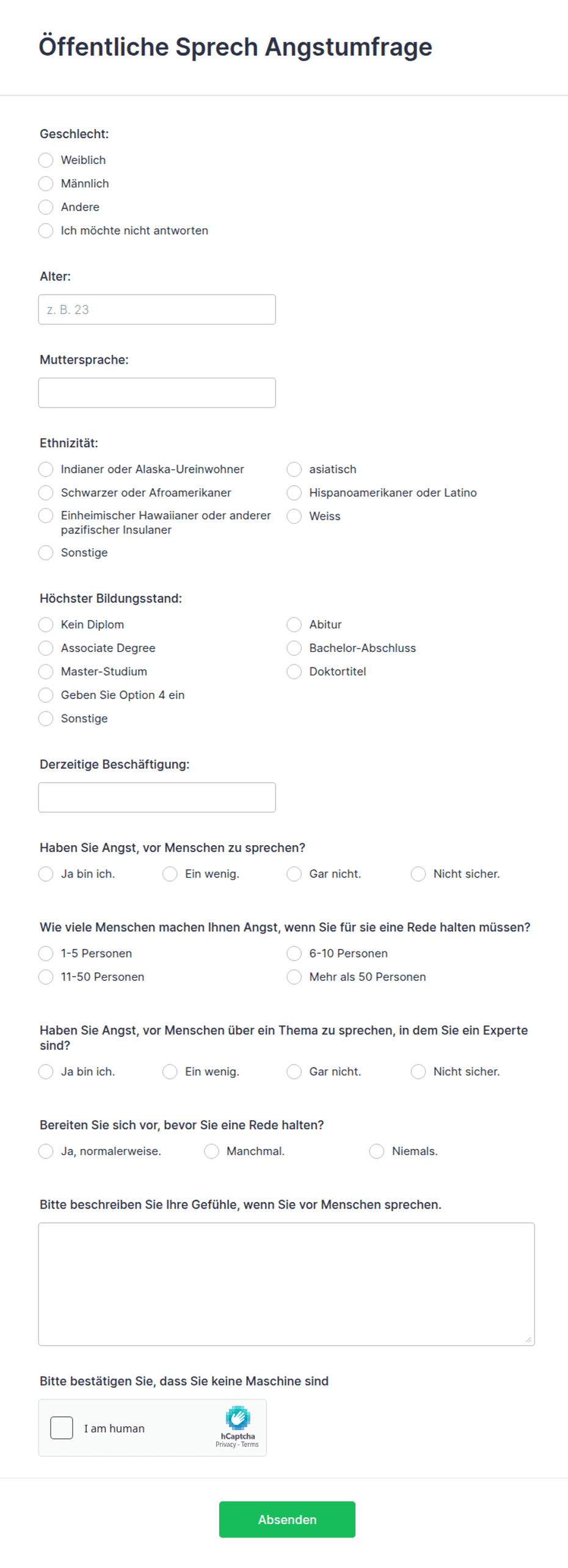 Öffentliche Sprech Angstumfrage Formularvorlage | Jotform