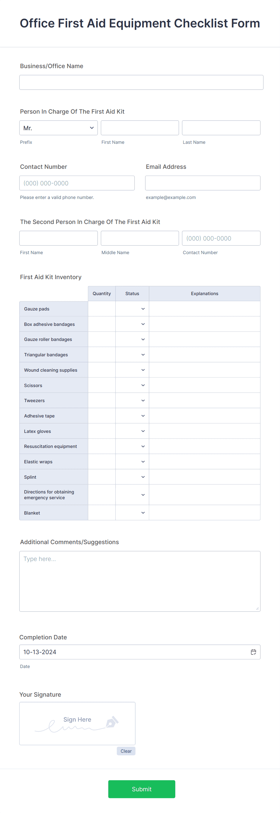 Office First Aid Equipment Checklist Form Template | Jotform
