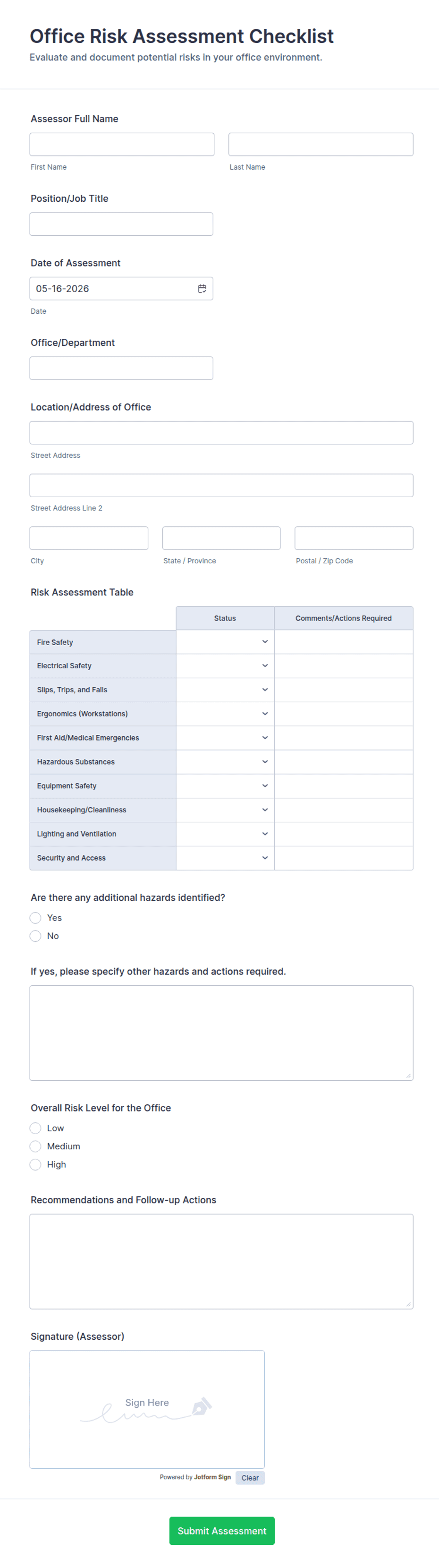 Office Risk Assessment Checklist Form Template | Jotform