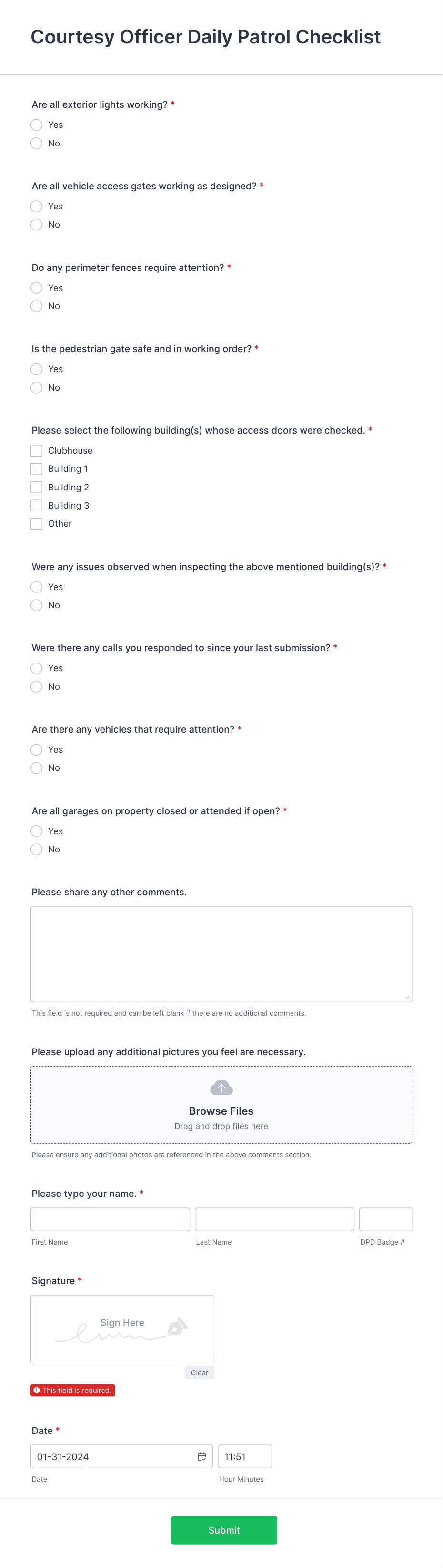 Officer Daily Patrol Checklist Form Template | Jotform