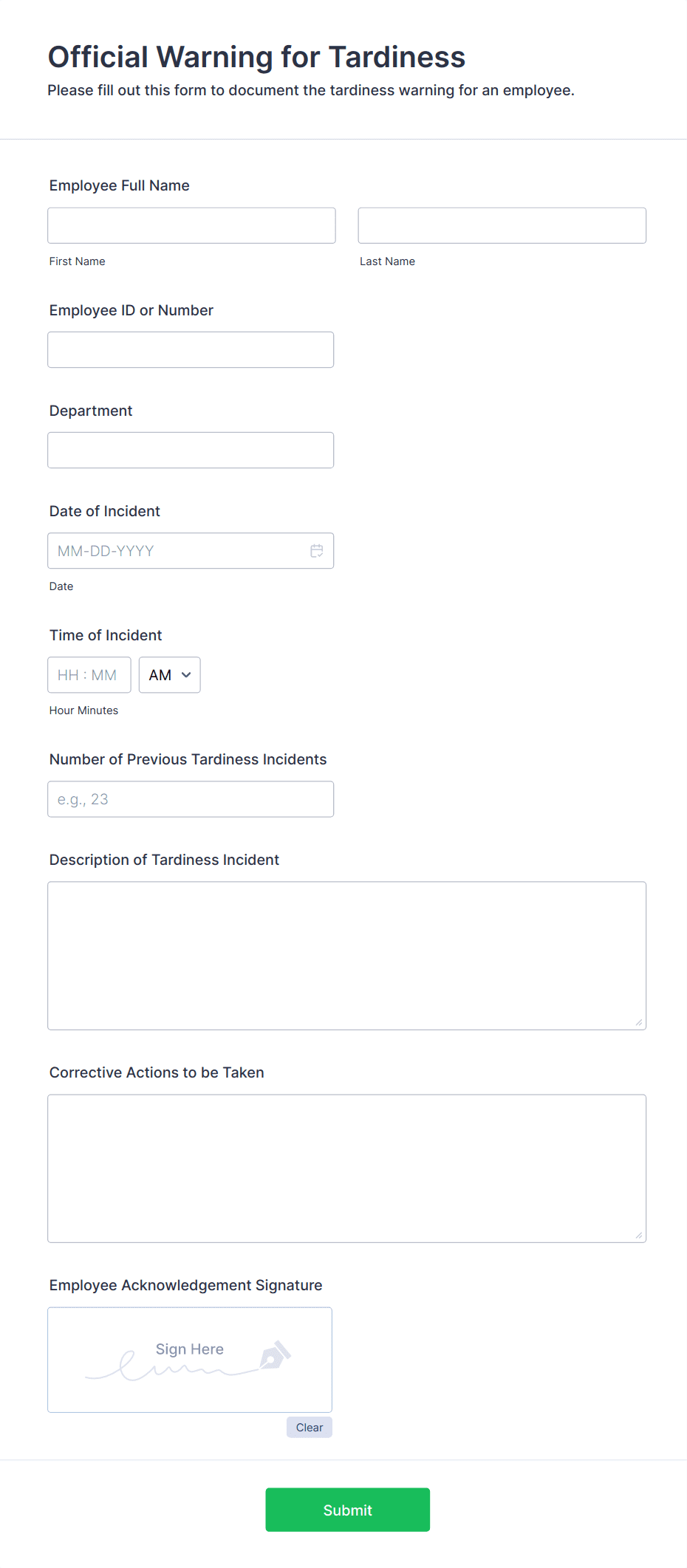 Official Warning for Tardiness Form Template | Jotform