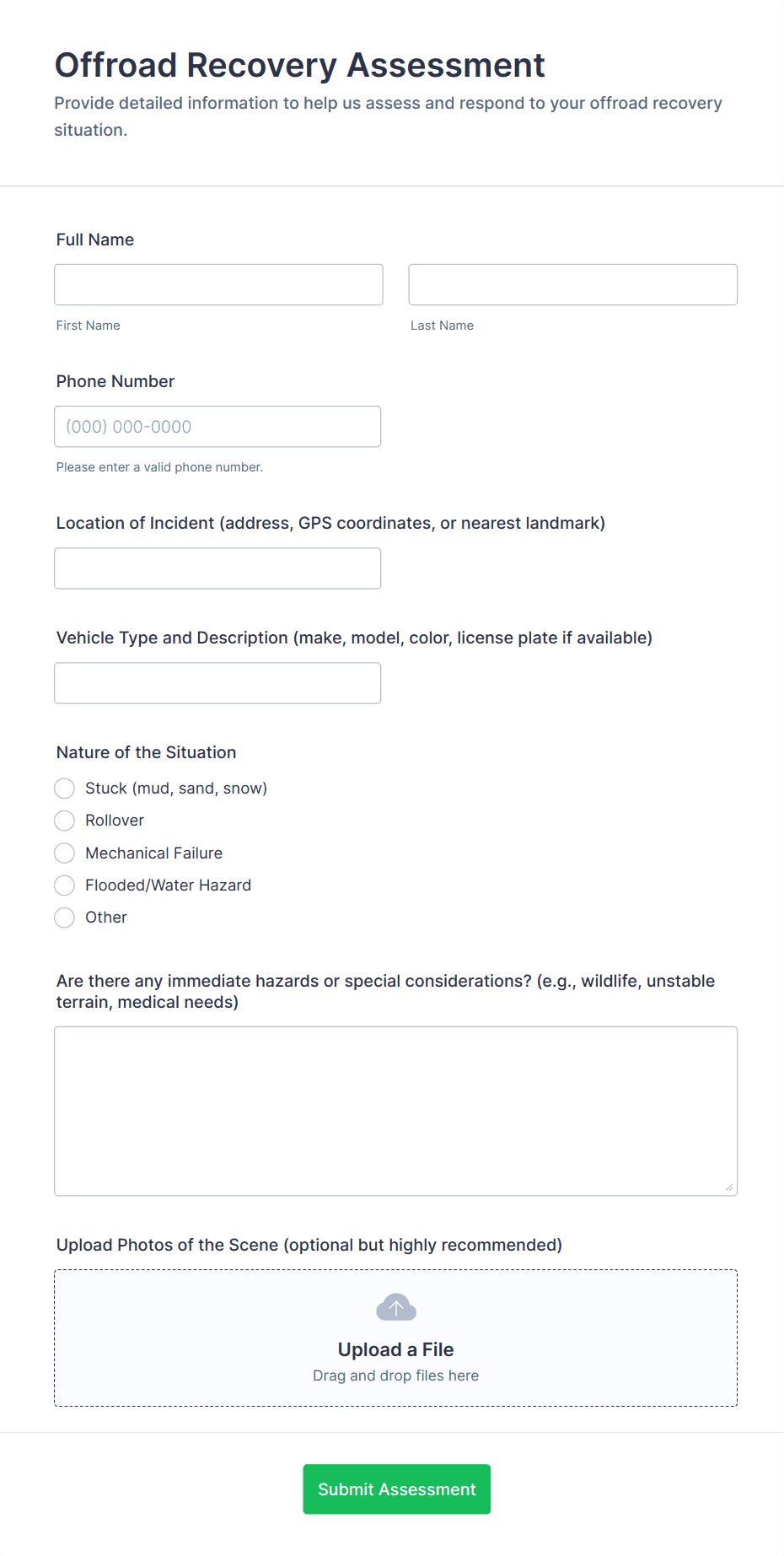 Offroad Recovery Assessment Form Template | Jotform