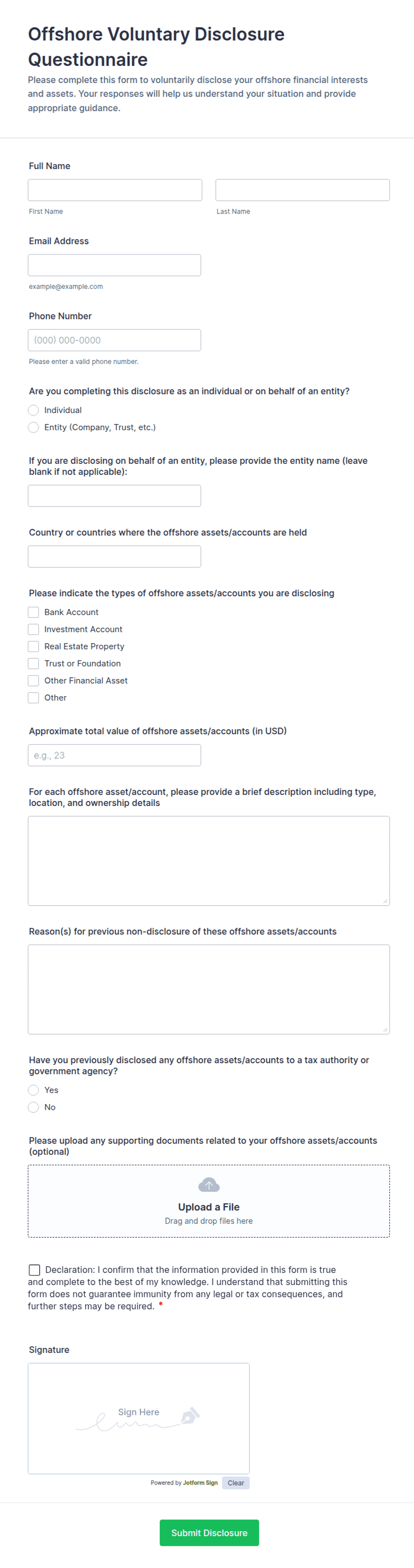 Offshore Voluntary Disclosure Questionnaire Form Template | Jotform