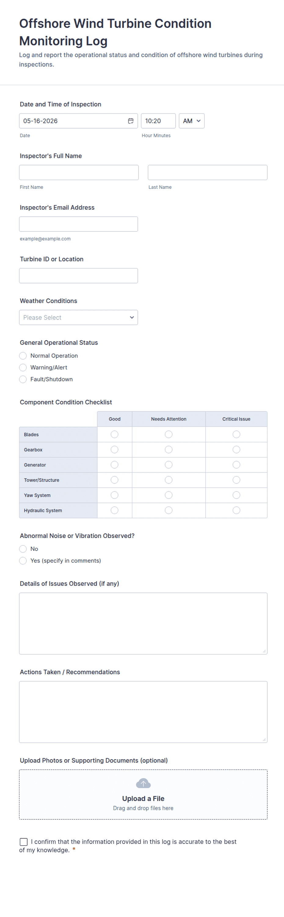 Offshore Wind Turbine Condition Monitoring Log Form Template | Jotform