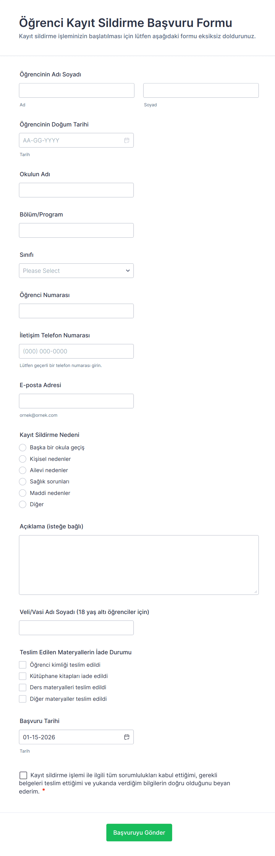 Öğrenci Kayıt Sildirme Başvuru Form Şablonu | Jotform