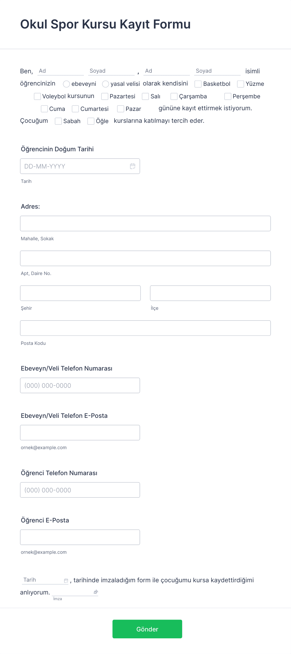 Okul Spor Kursu Kayıt Form Şablonu | Jotform