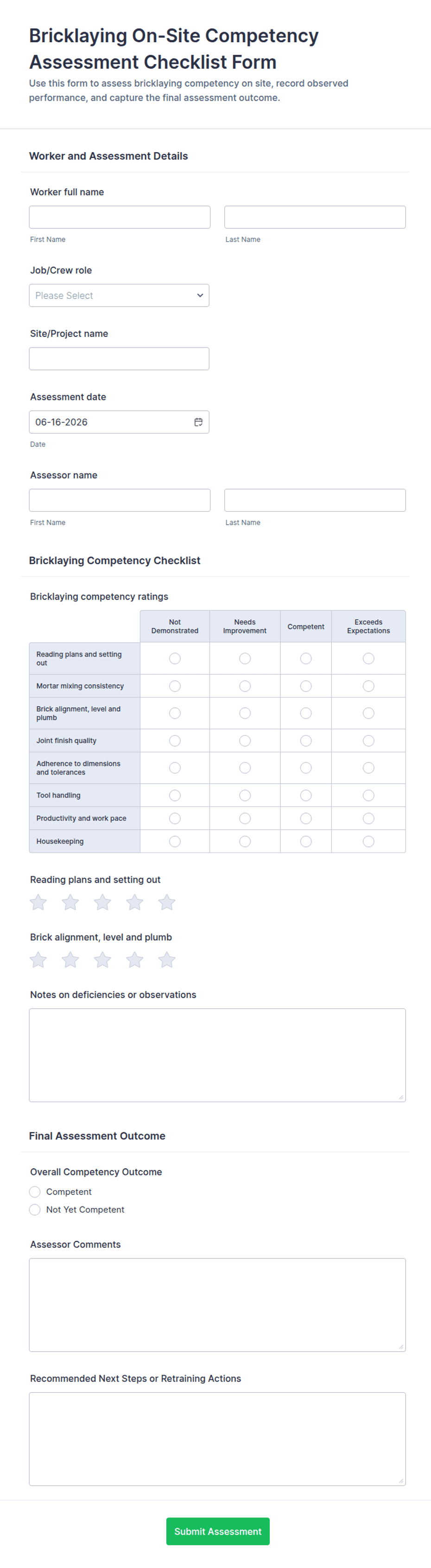 On-Site Bricklaying Competency Assessment Form Template | Jotform