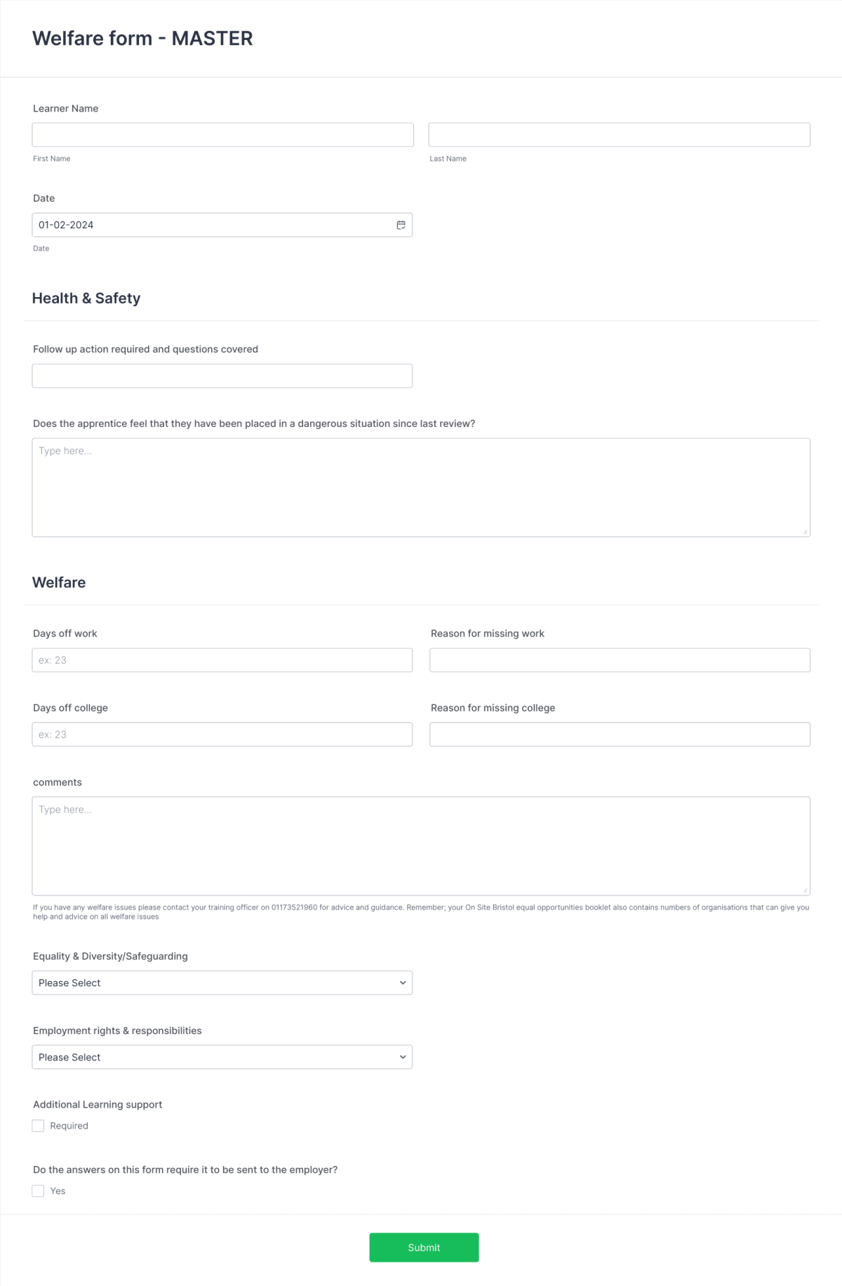 On Site Bristol Welfare Form Template | Jotform