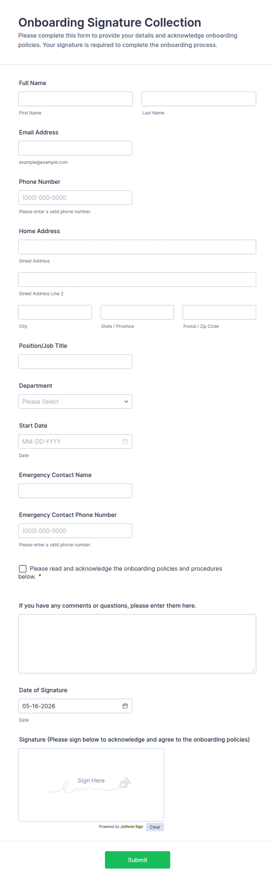 Onboarding Signature Collection Form Template | Jotform