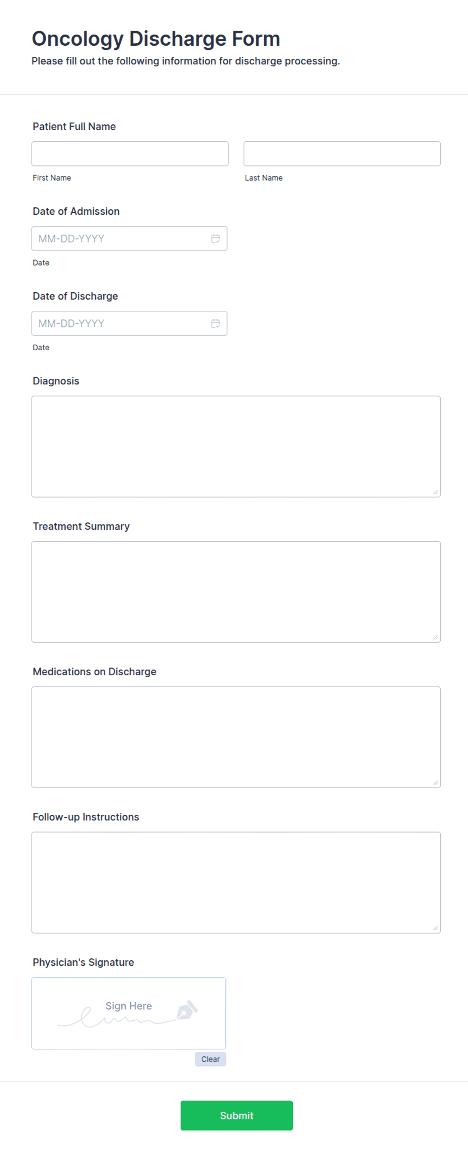 Oncology Discharge Form Template | Jotform