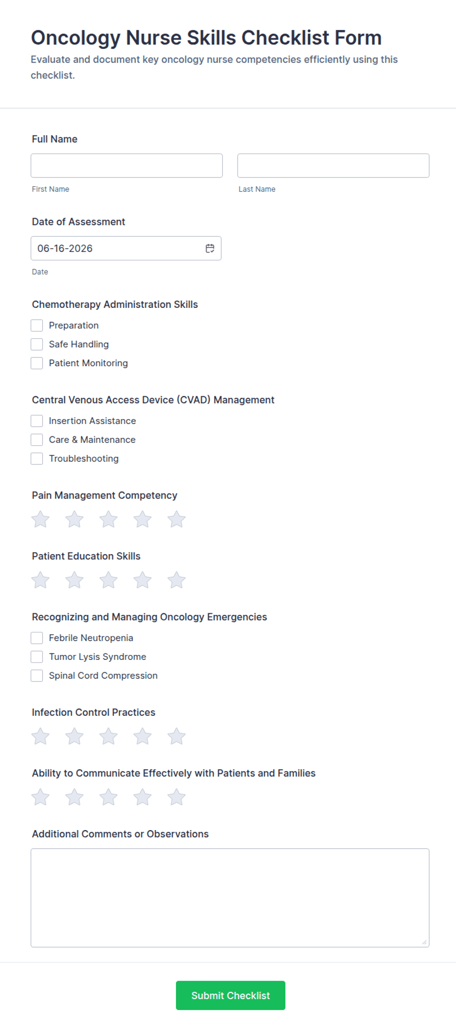 Oncology Nurse Skills Checklist Form Template | Jotform
