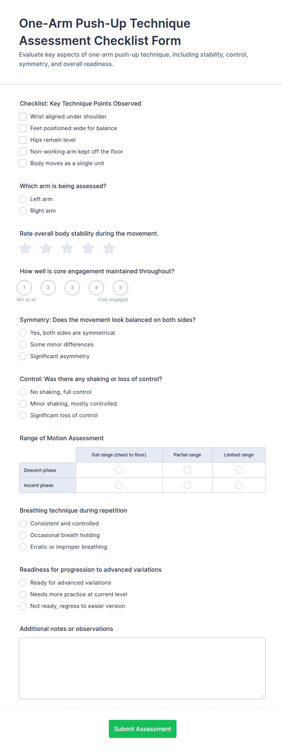 One-Arm Push-Up Technique Assessment Checklist Form Template | Jotform