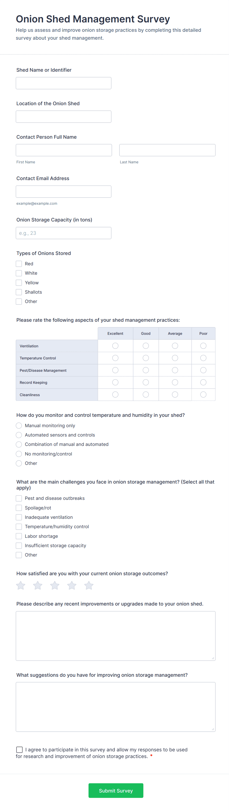 Onion Shed Management Survey Form Template | Jotform