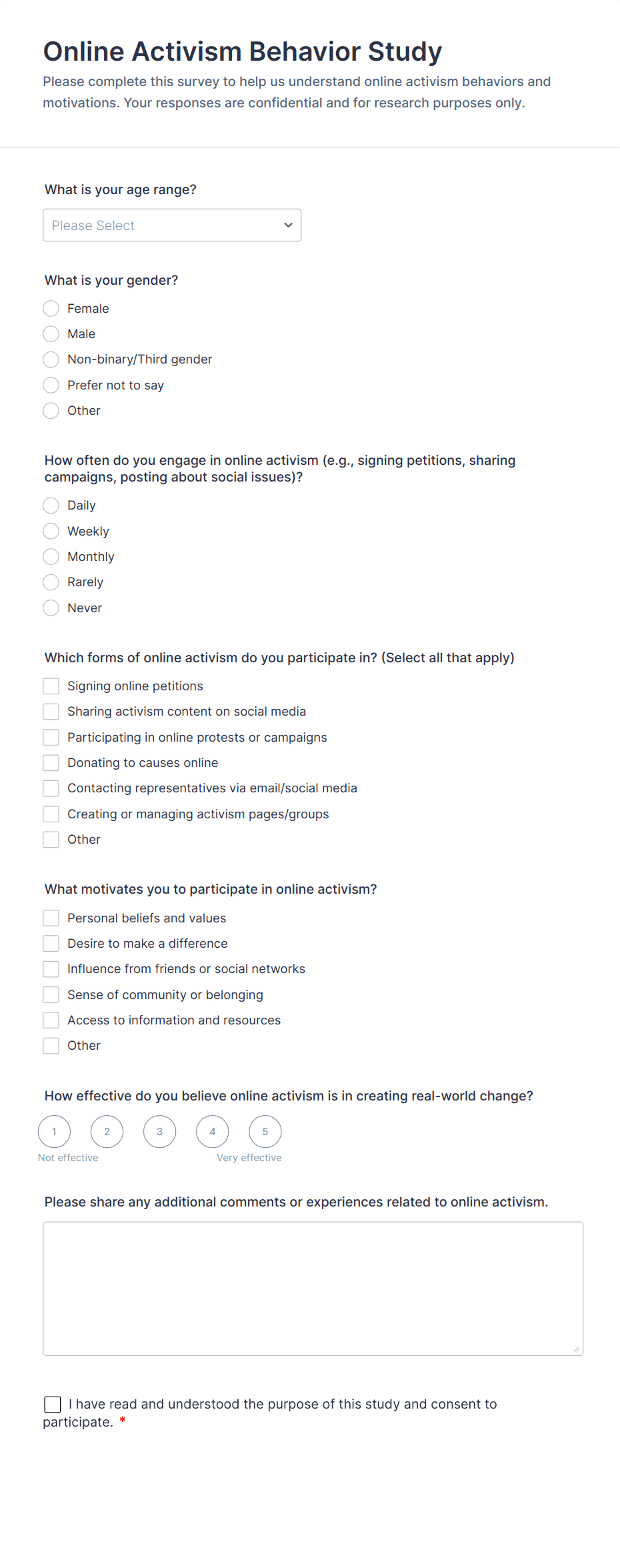 Online Activism Behavior Study Form Template | Jotform