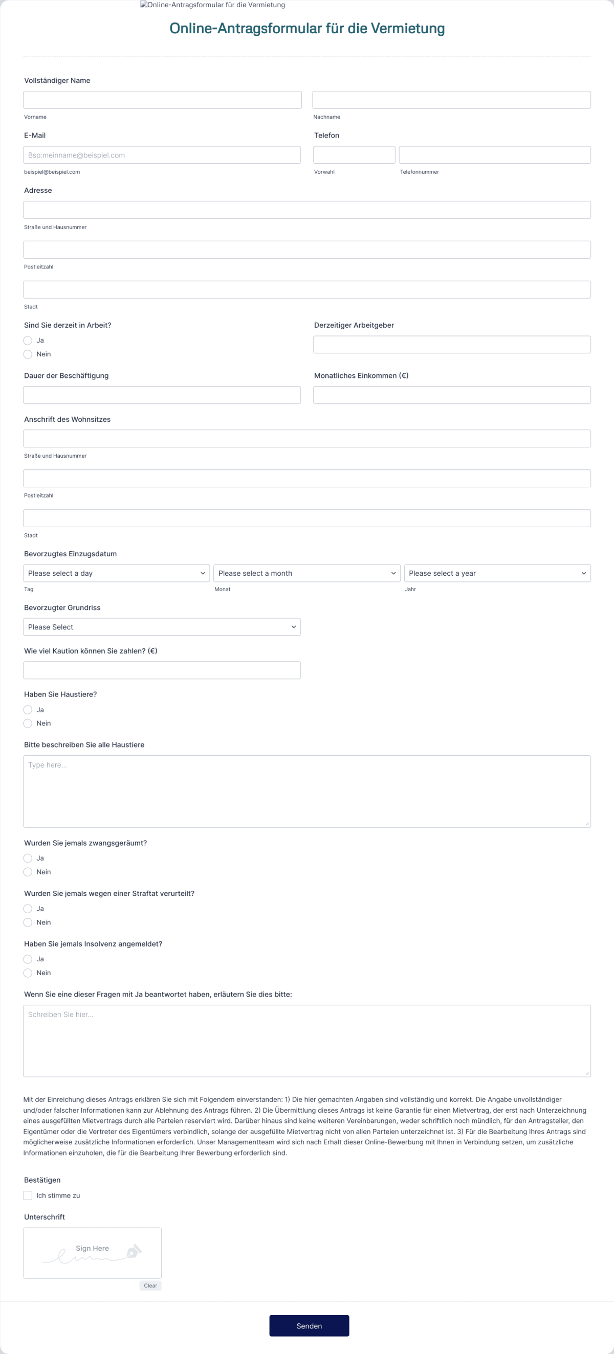 Online-Antragsformular für die Vermietung Formularvorlage | Jotform