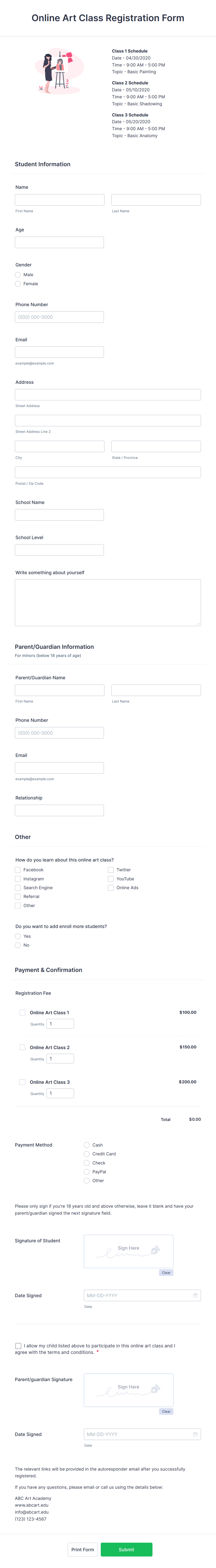 Online Art Class Registration Form Template | Jotform